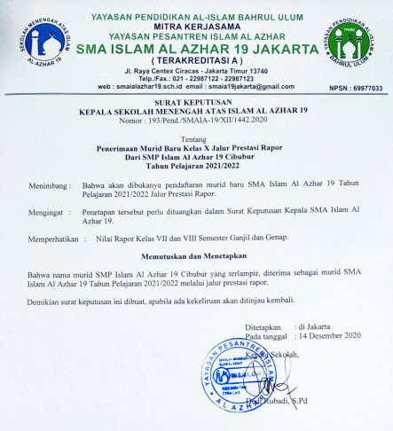 Informasi Penerimaan Murid Baru SMA Islam Al Azhar 19 Ciracas